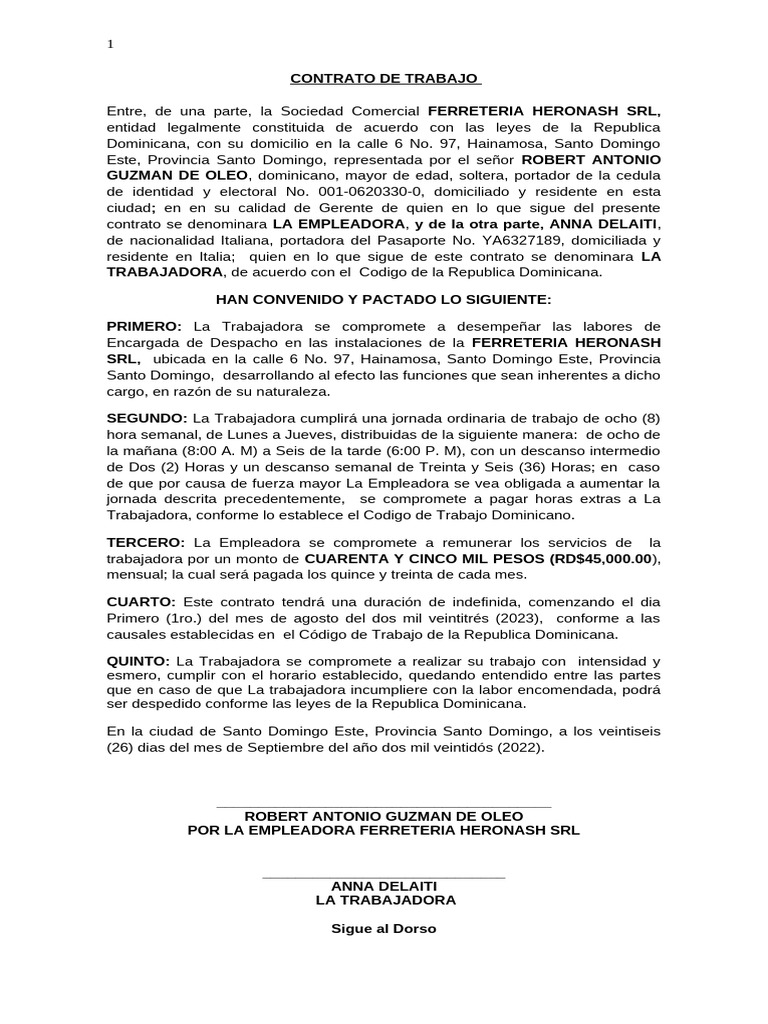Contrato de Trabajo Chela-Anna | PDF | República Dominicana
