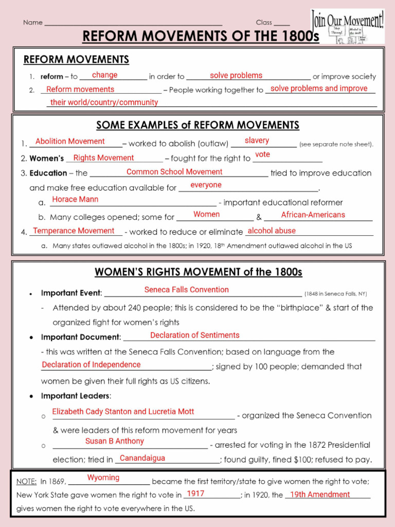 1 - Reform Movement Notes (FILLED IN) | PDF