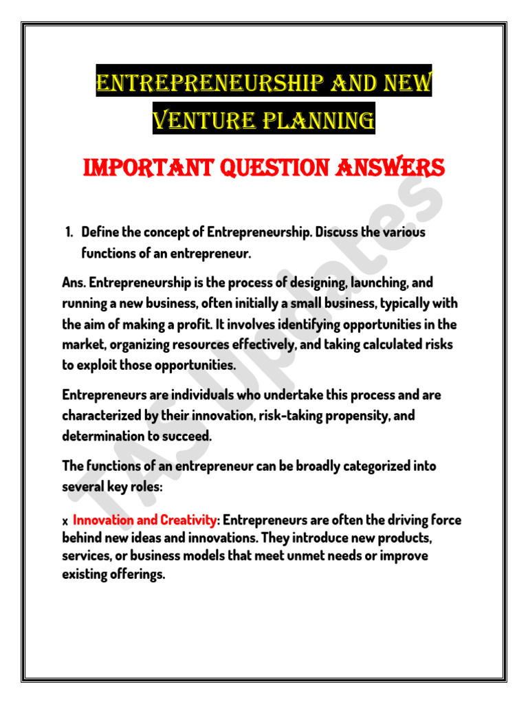 Entrepreneurship_And_New_Venture_Planning_Important_Question_Answers | PDF | Entrepreneurship ...