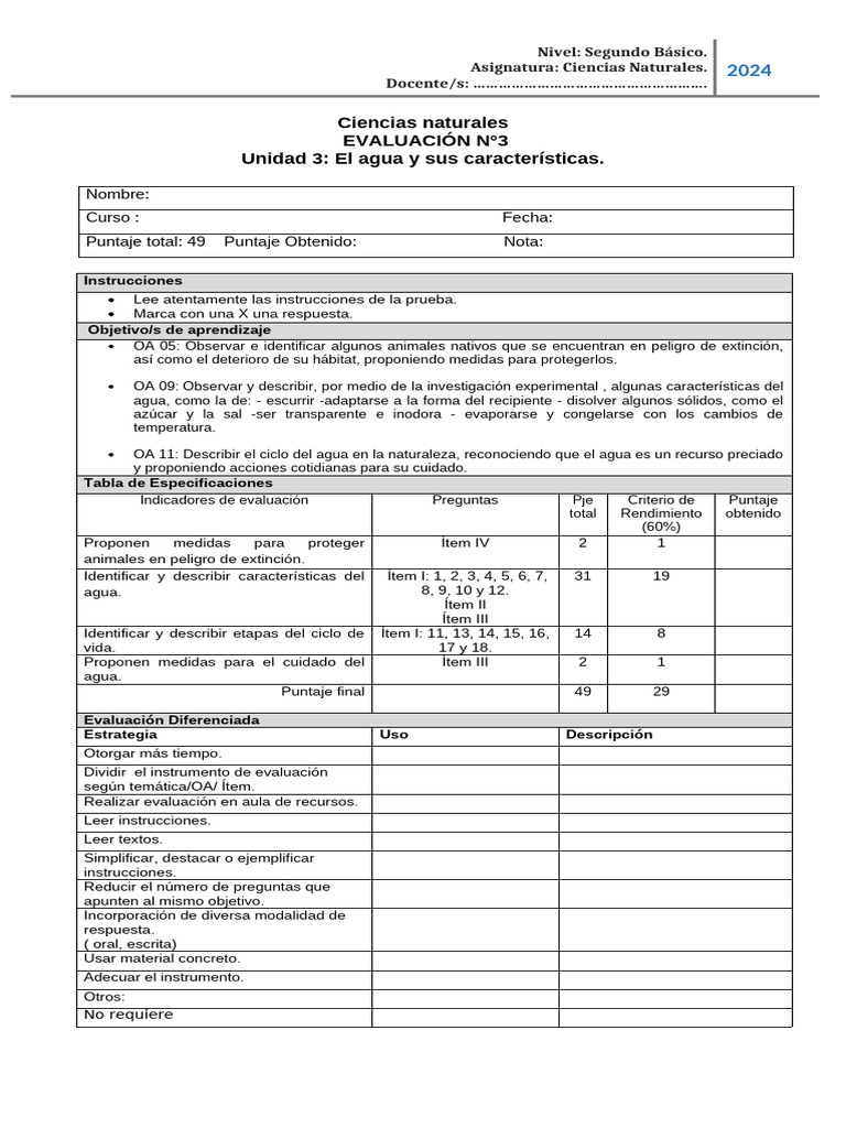 Prueba Ciencias U3 - 2do Básico | PDF | Agua | El ciclo del agua