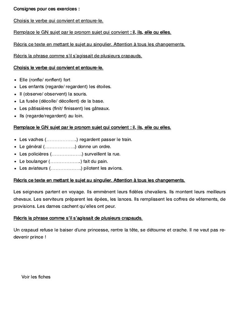 Exercices sur le sujet et verbe CE2 | PDF