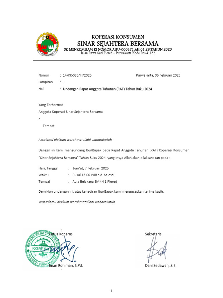 Undangan RAT Koperasi 2024 | PDF