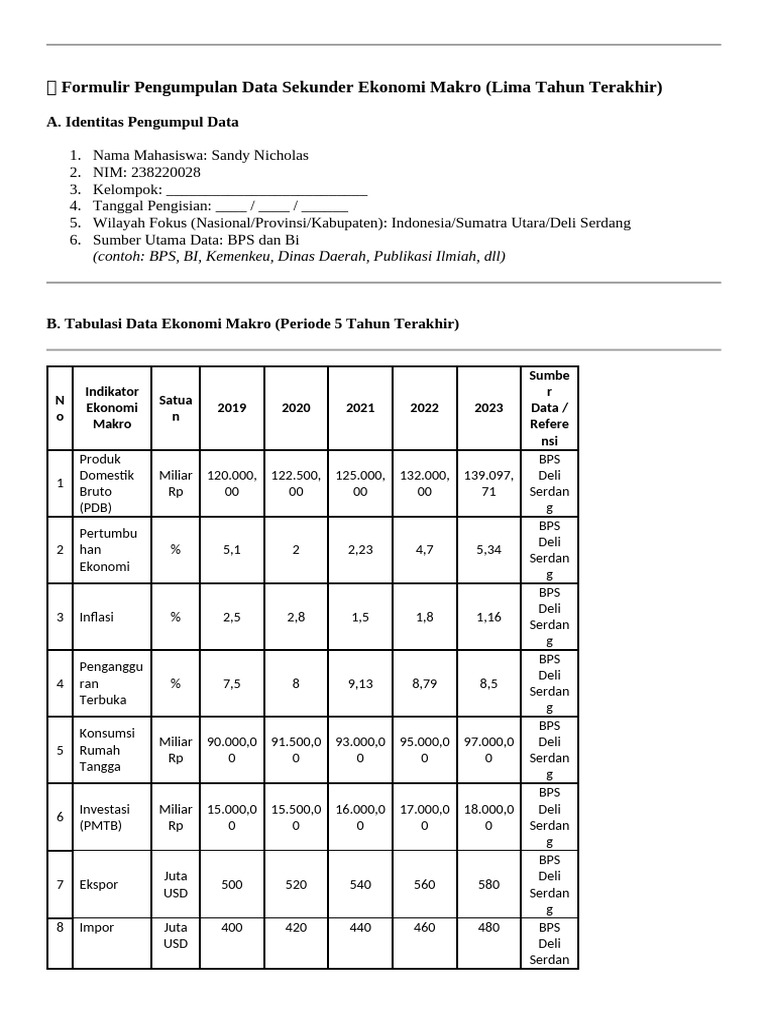 Form isian data sekunder BPS (sandy) (deli serdang) | PDF