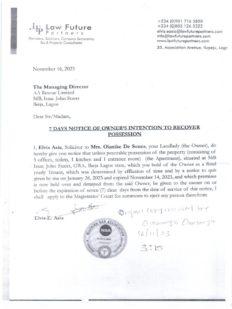 7 Days Notice of Owener's Intention of Recover Possession | PDF