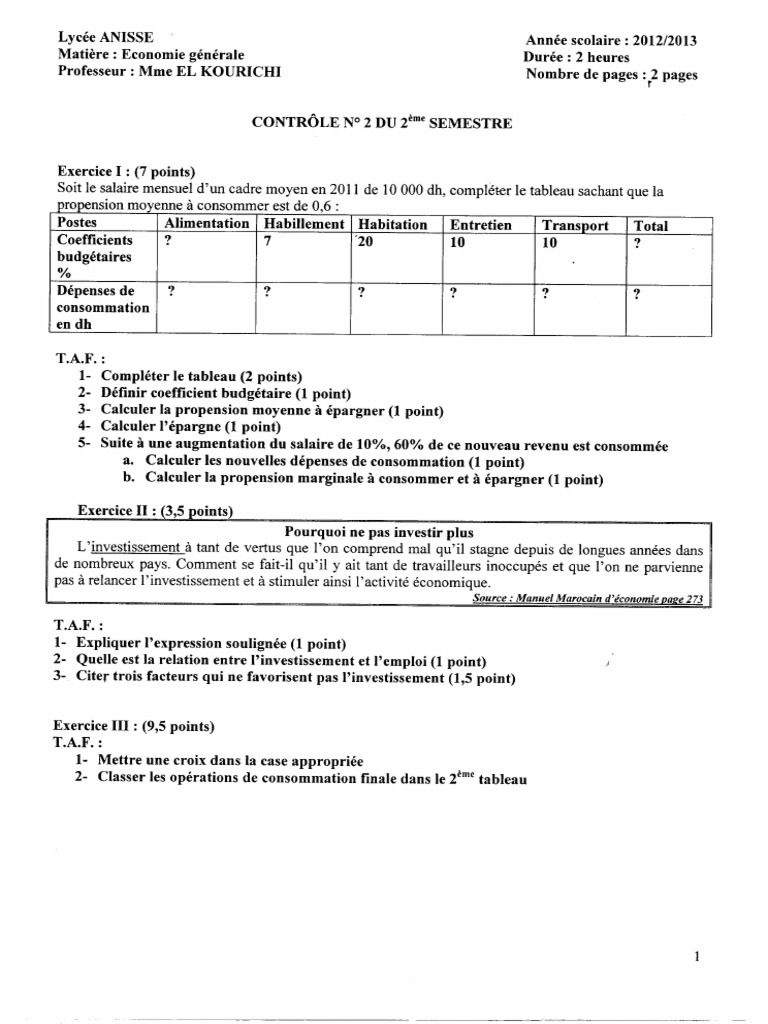 Devoir 2 Modele 6 Statistiques 1 Bac Eco Semestre 2 | PDF