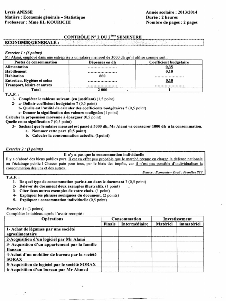Devoir 2 Modele 5 Statistiques 1 Bac Eco Semestre 2 | PDF