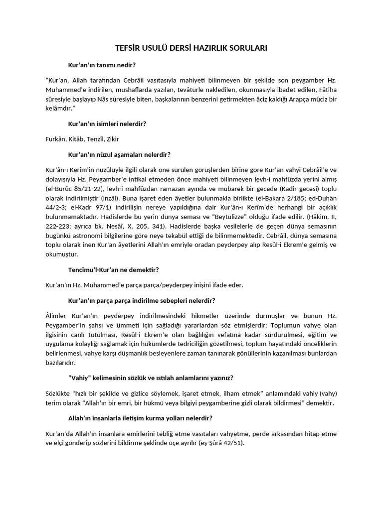 TEFSİR USULÜ DERSİ HAZIRLIK SORULARI | PDF