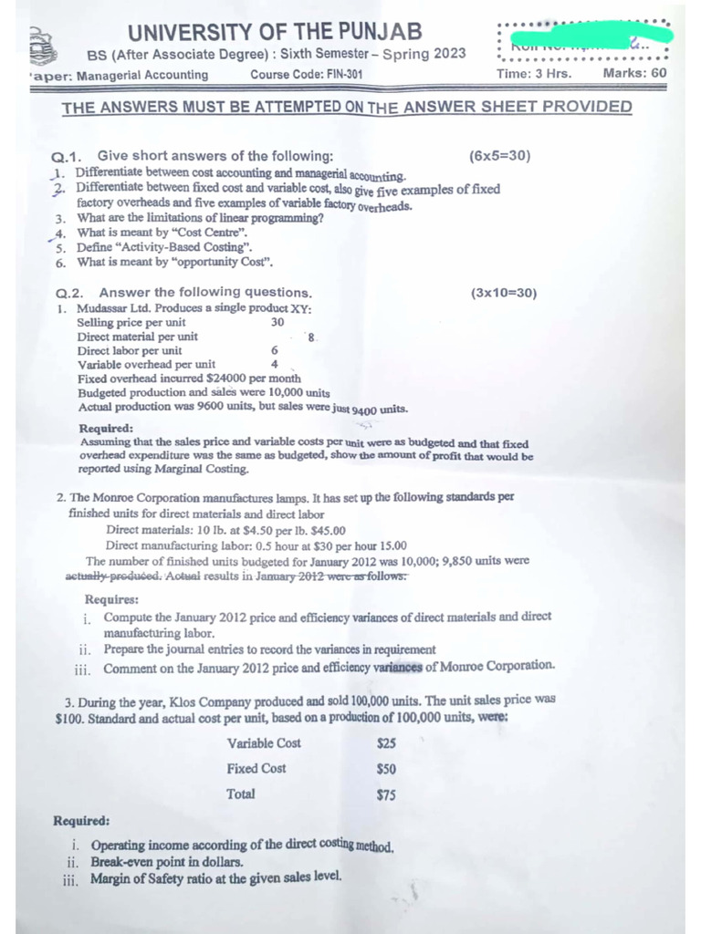 Past Papers of Managerial Accounting | PDF