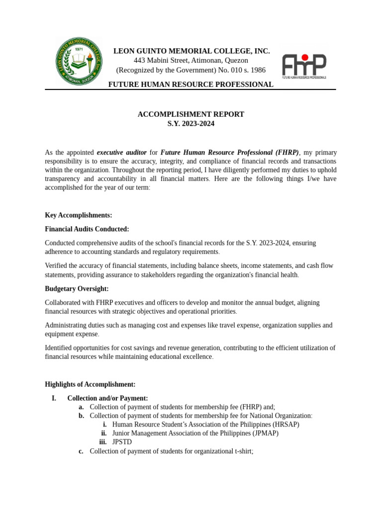 FHRP Accomplishment Report 2023-2024 | PDF | Audit | Business