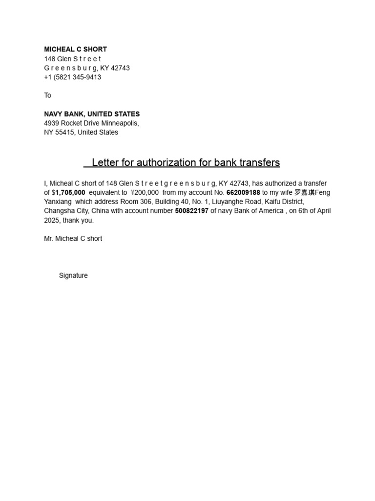 Letter For Authorization For Bank Transfers | PDF
