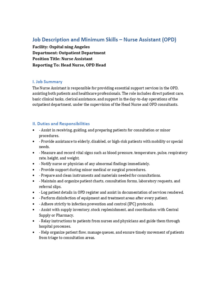 Nurse Assistant OPD Job Description ONA | PDF | Patient | Nursing
