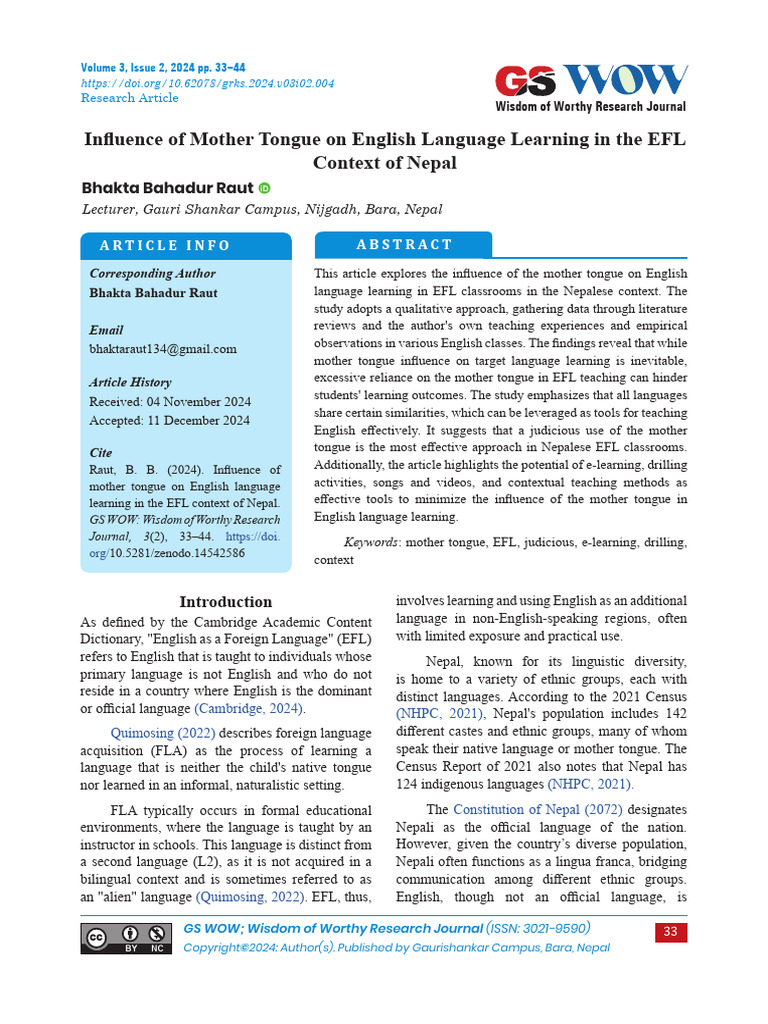 Influence of Mother Tongue On English Language Learning in The EFL ...