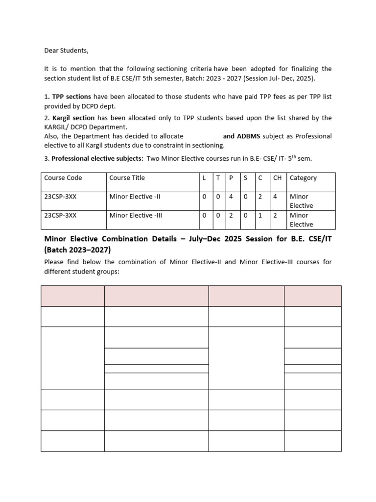 Sectioning Criteria For B.E - CSE IT-5th Sem (Jul - Dec 2025) | PDF