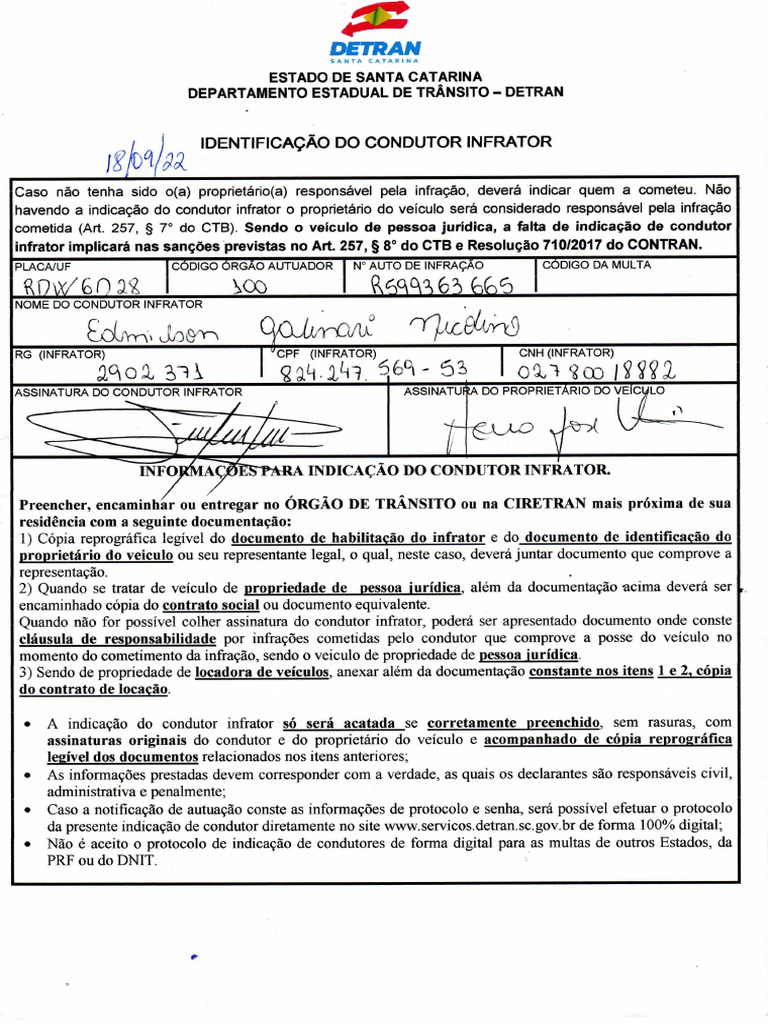 Identificação Condutor Infrator Prf | PDF