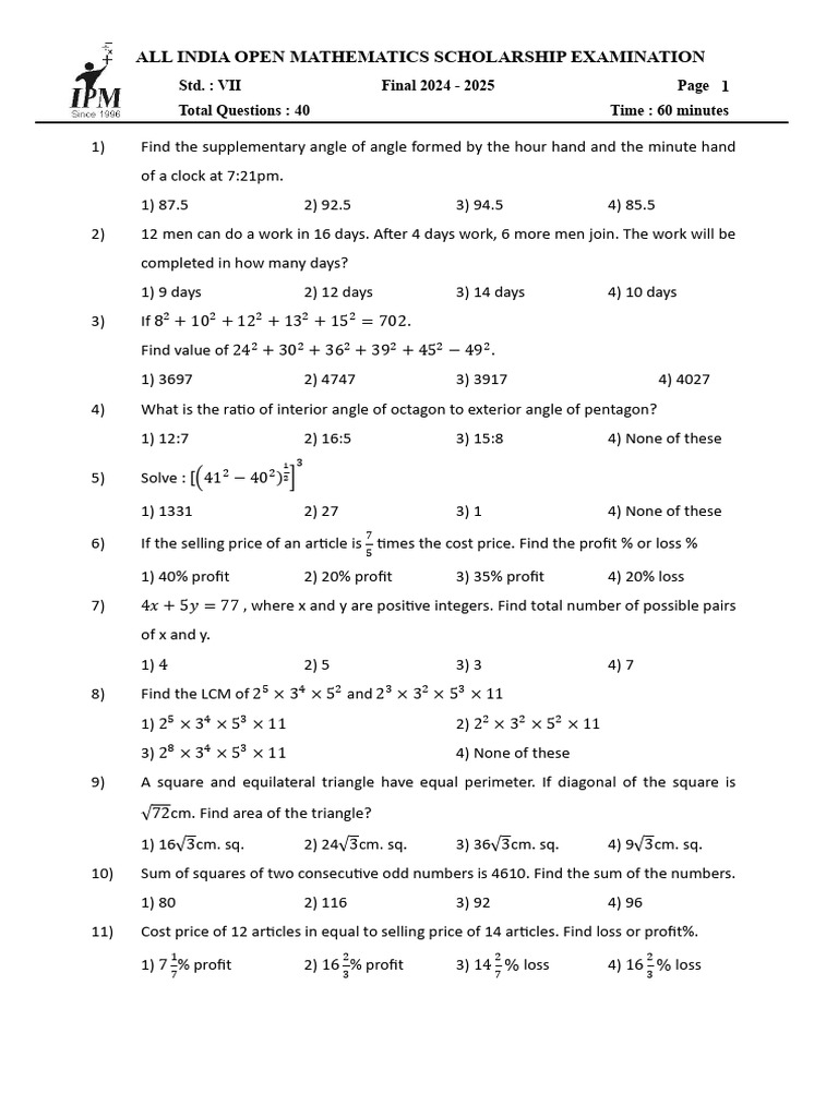 IPM STD 7th Final Paper 24-25 | PDF | Area | Geometric Shapes