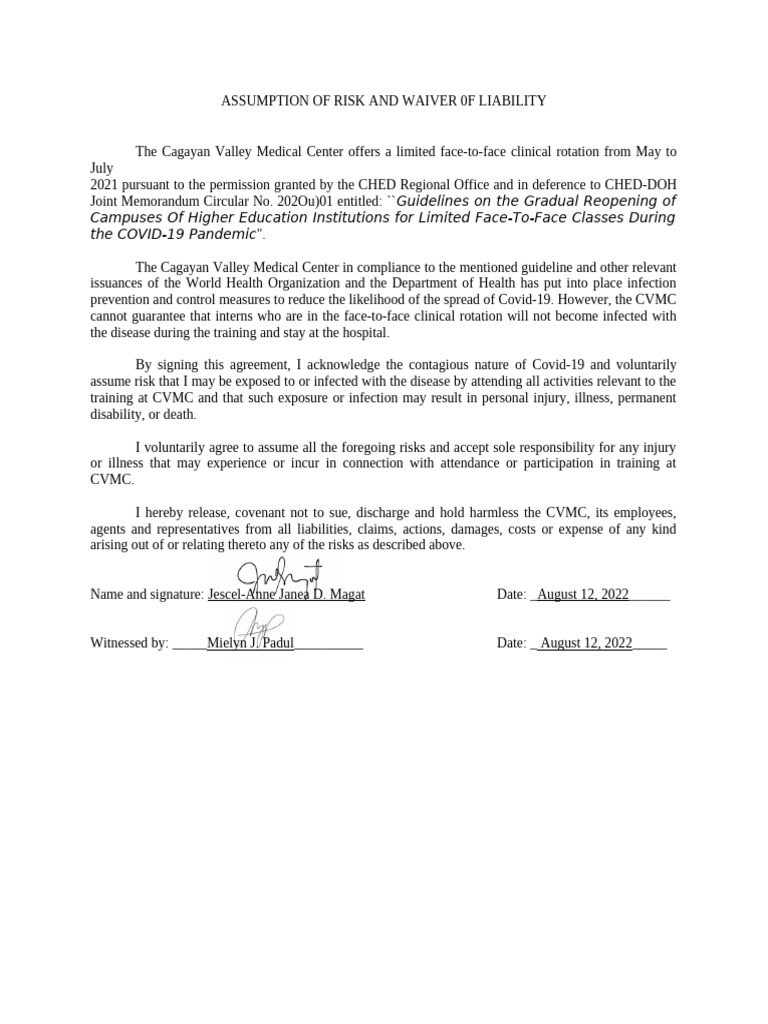 Assumption of Risk and Waiver 0f Liability | PDF