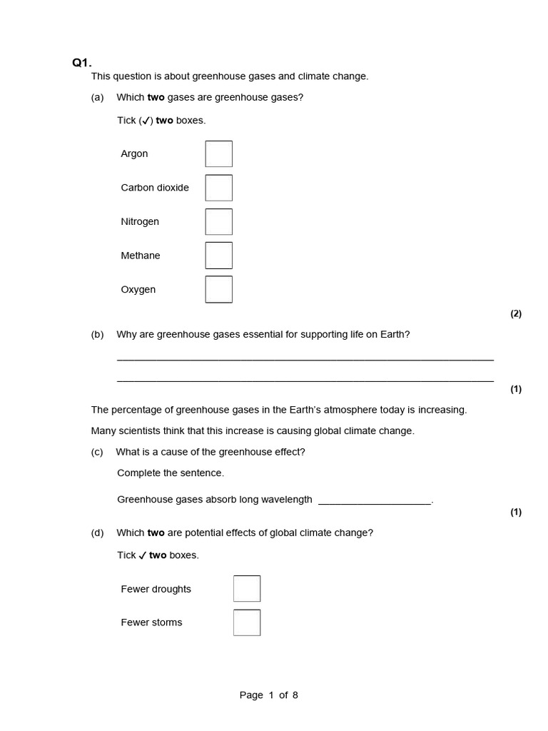 Greenhouse Gases and Climate Change Worksheet | PDF | Greenhouse Effect ...
