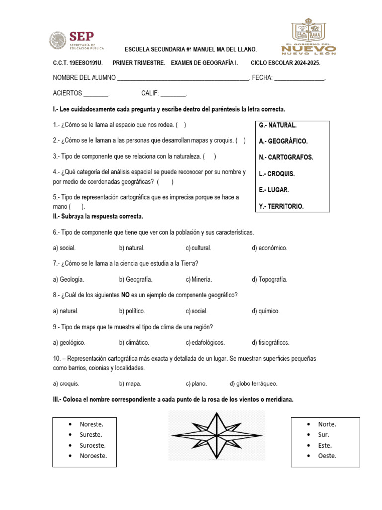 Examen de Geografía I - Secundaria 2024 | PDF | Geografía | Mapa