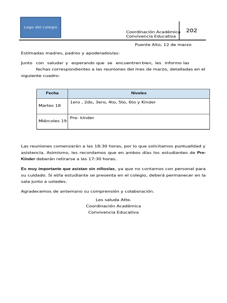 Primera Comunicación Apoderados | PDF