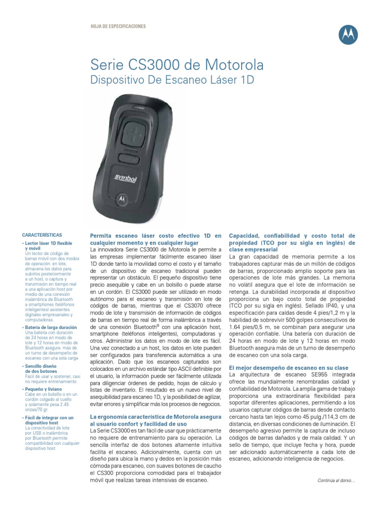 Escáner Láser 1D CS3000 de Motorola | PDF | Bluetooth | Smartphone
