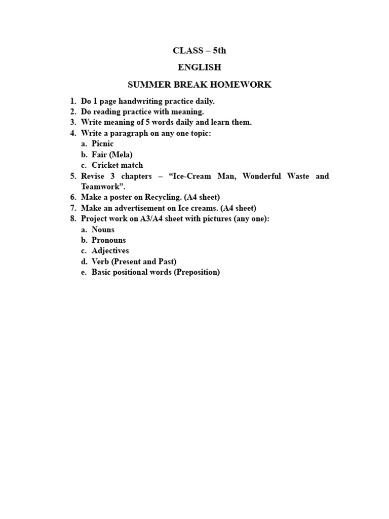 Class 5 English Summer Holidays Homework_250508_084442 | PDF