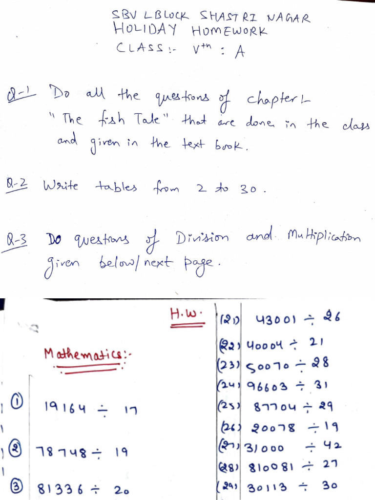 Maths Holiday Homework Pdf