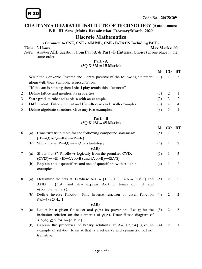 Discrete Mathematics Exam Paper 2022 | PDF | Group (Mathematics ...