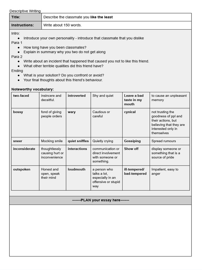 Descriptive Essay - Describe The Classmate You Like The Least | PDF ...