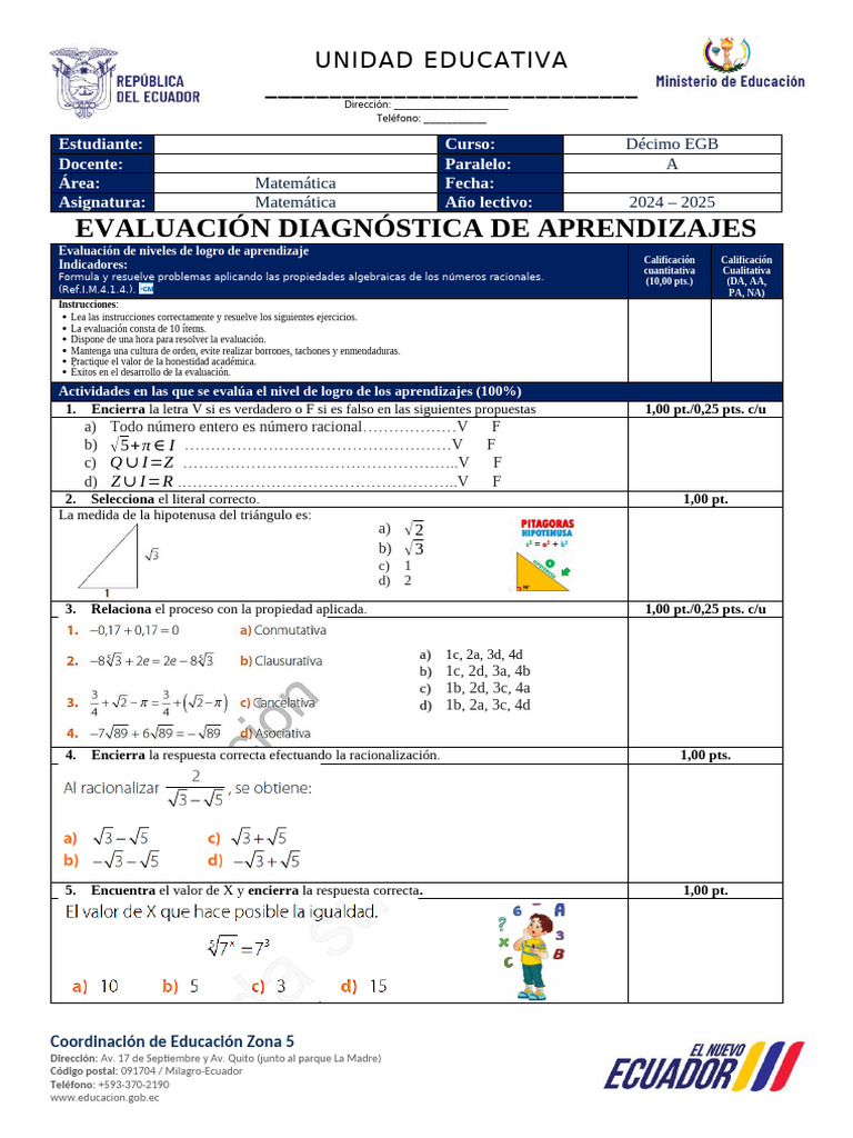 Eval Diagnóstica de Aprendizajes Decimo - Video | PDF | Matemáticas | Matemática Elemental
