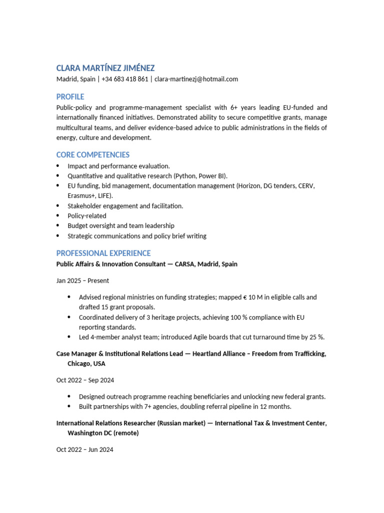 CV Clara Martinez ICF Draft | PDF | European Union | Regulatory Compliance
