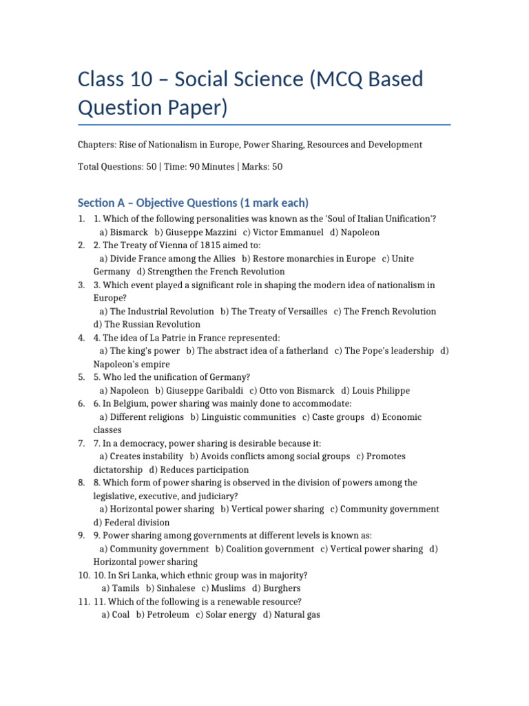 Class 10 SST MCQ Question Paper | PDF | Nationalism | Germany