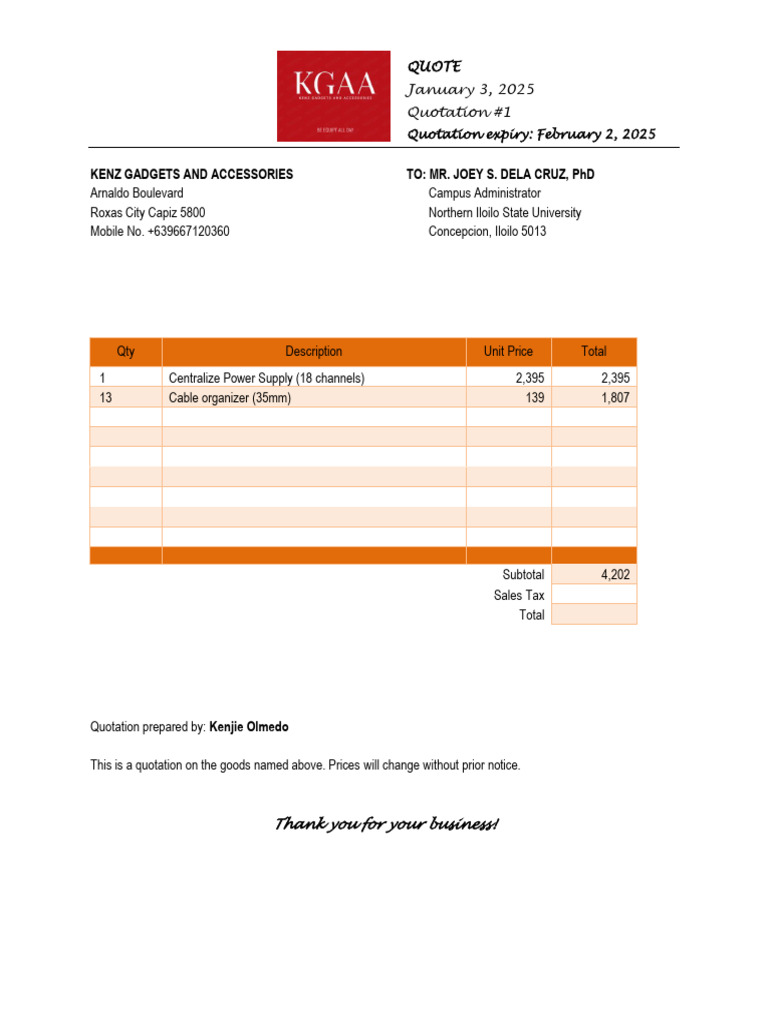 Quotation CCTV Power Supply - Nisu Concepcion - Kenz Gadgets | PDF