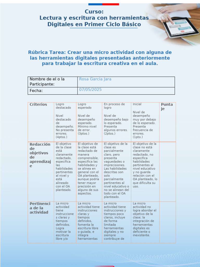 Rúbrica Tarea Crear Una Micro Actividad Con Uso de Herramientas Digitales para Abordar - v2 (1 ...