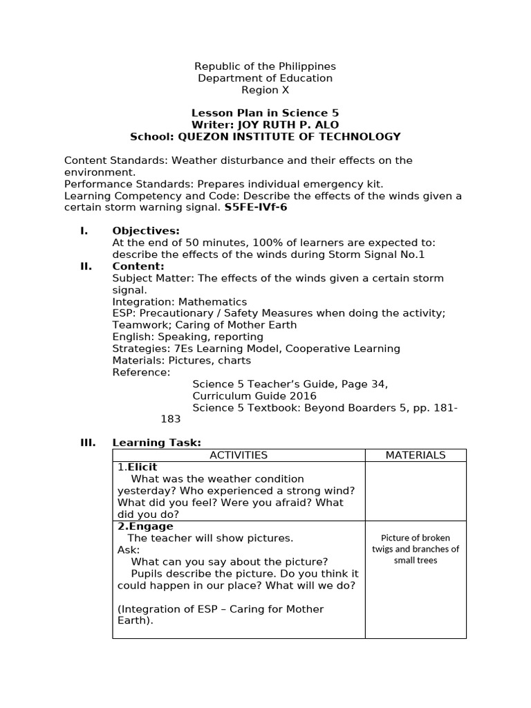 Science 5 Lesson Plan: Storm Signals | PDF | Lesson Plan | Learning