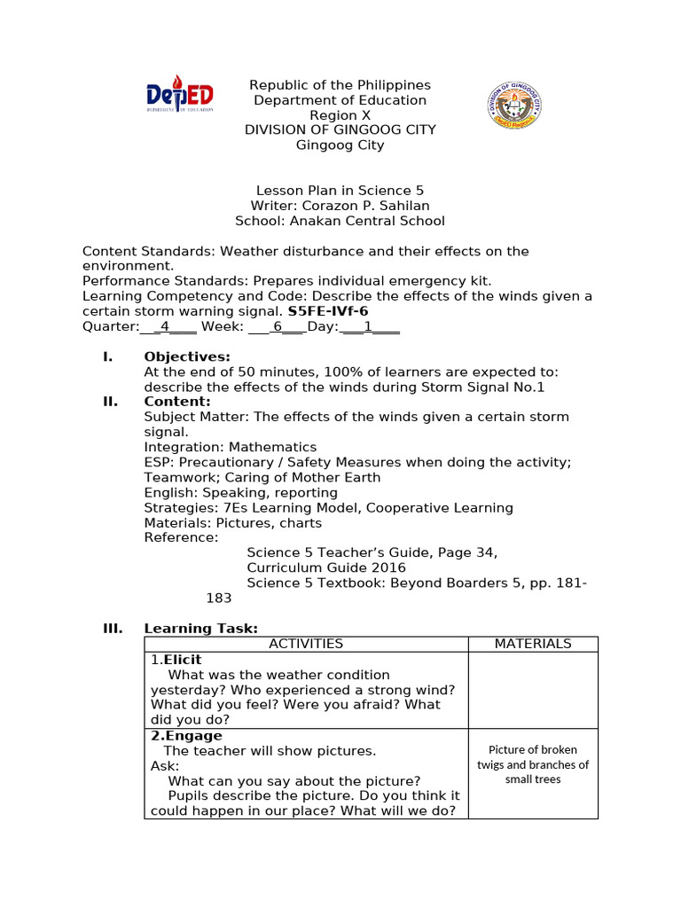Science 5 Lesson Plan: Storm Effects | PDF | Lesson Plan | Learning