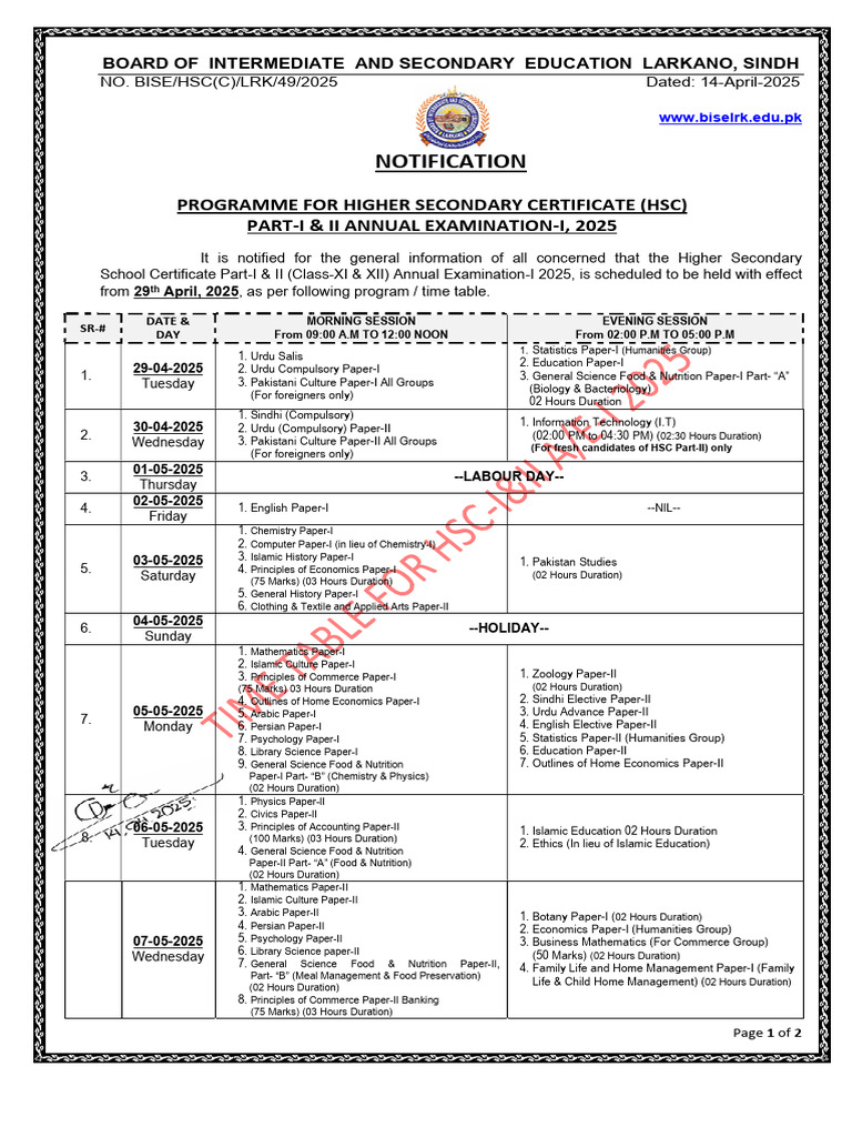 Time Table HSC Part I-II Annual Examinations 2025 | PDF