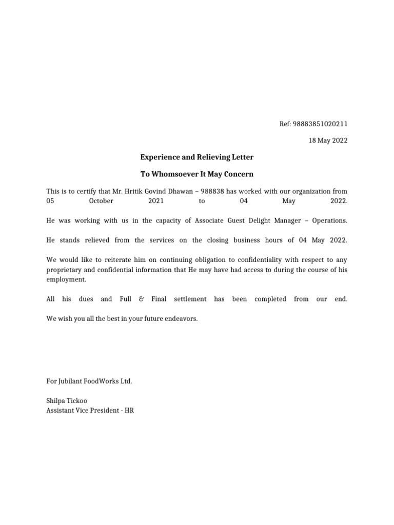 Experience and Relieving Letter for Hritik Dhawan | PDF