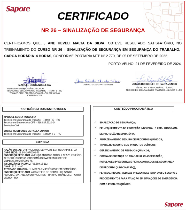 Certificado de Treinamento NR 26 | PDF | Segurança | Condições de trabalho