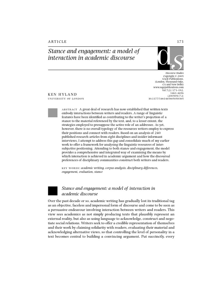 Hyland 2005 Stance and Engagement A Model of Interaction in Academic Discourse | PDF | Knowledge ...
