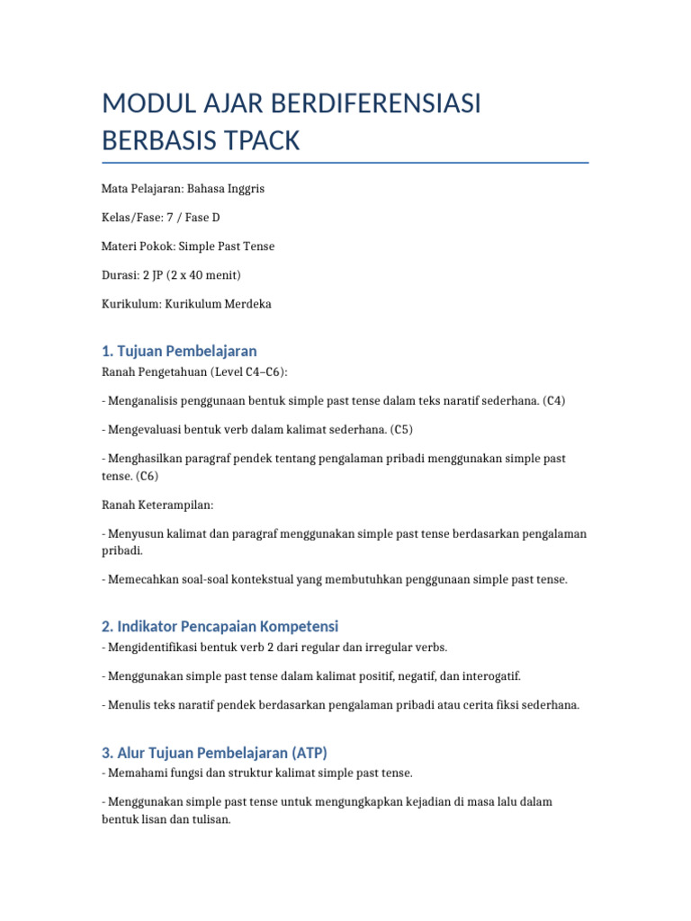 Modul Ajar TPACK Simple Past Tense | PDF