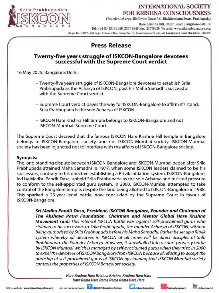 Press Release - ISKCON Bangalore (16th May 2025) | PDF