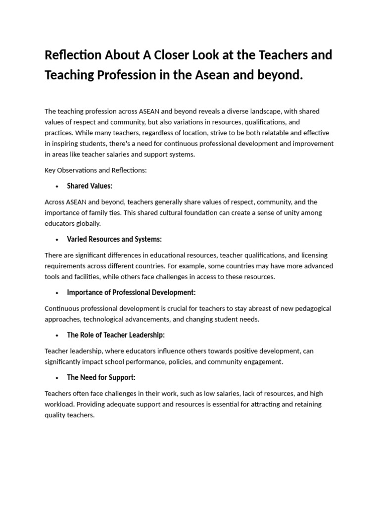 Reflection About a Closer Look at the Teachers and Teaching Profession in the Asean and Beyond ...