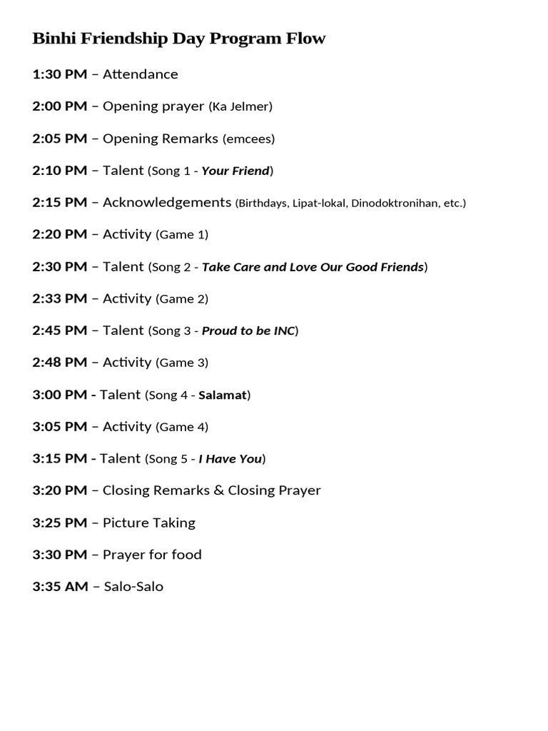 Binhi Friendship Day Program Flow | PDF