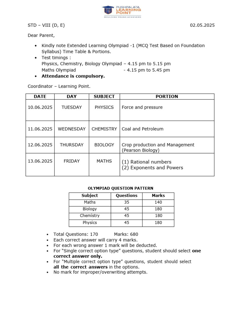 STD Viii - Olympiad 1 Portion | PDF