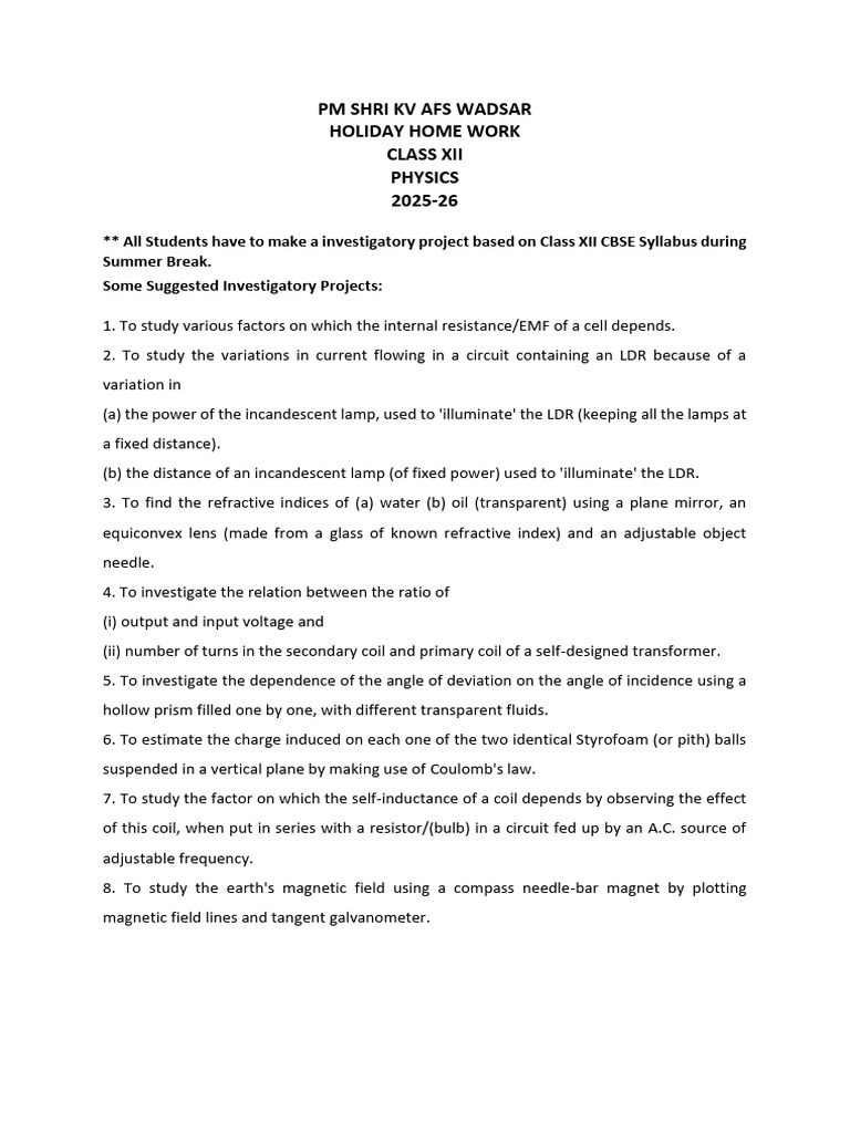 Holiday Homework Class XII - Physics | PDF | Inductor | Transformer