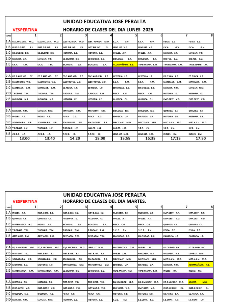 Horarios de Clases Bachiller Vespertina 2025 | PDF