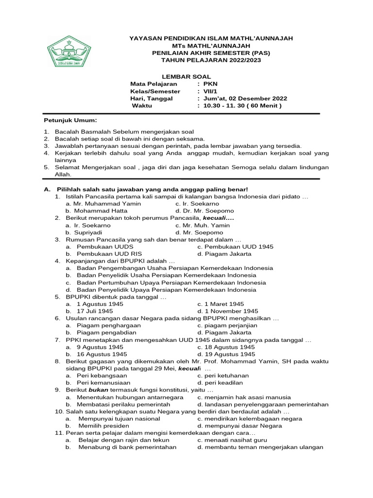 Soal PAS PKN 7 | PDF