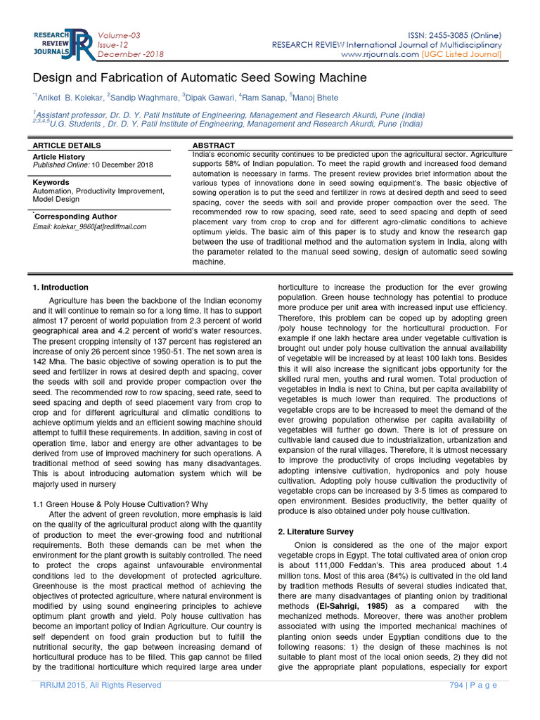 Design and Fabrication of Automatic Seed | PDF | Agriculture | Sowing