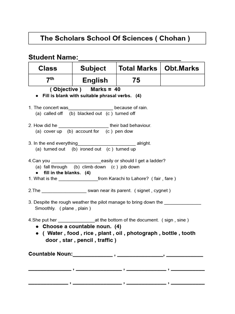 7th Grade English Exam Practice Worksheet | PDF | Language Mechanics ...