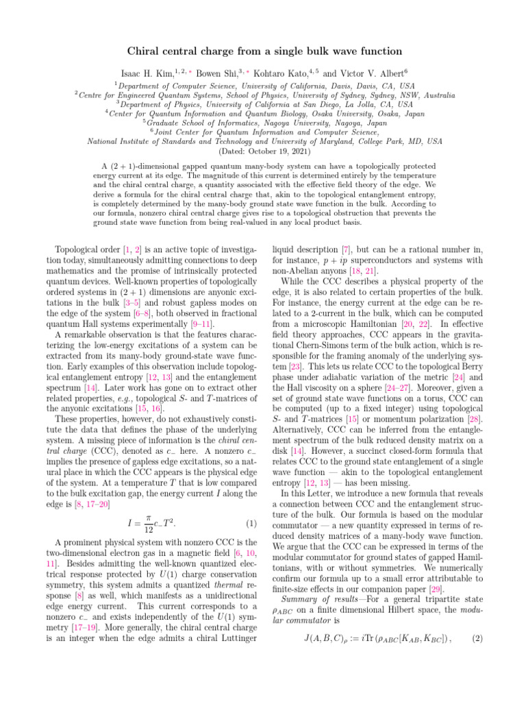 Chiral Central Charge From A Single Bulk Wave Function | PDF | Quantum ...